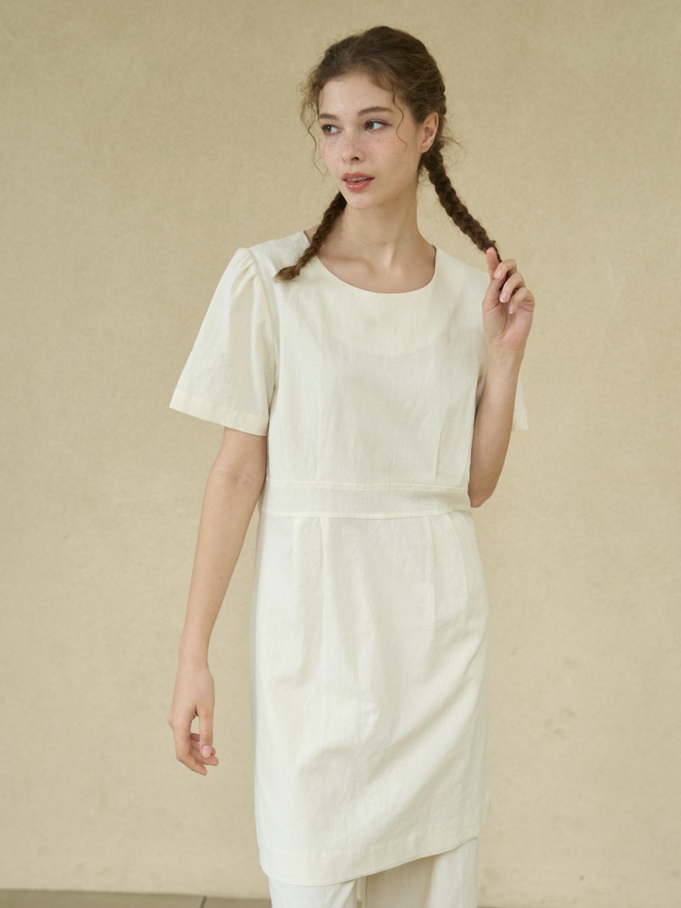 Linen Shirring Dress_Beige