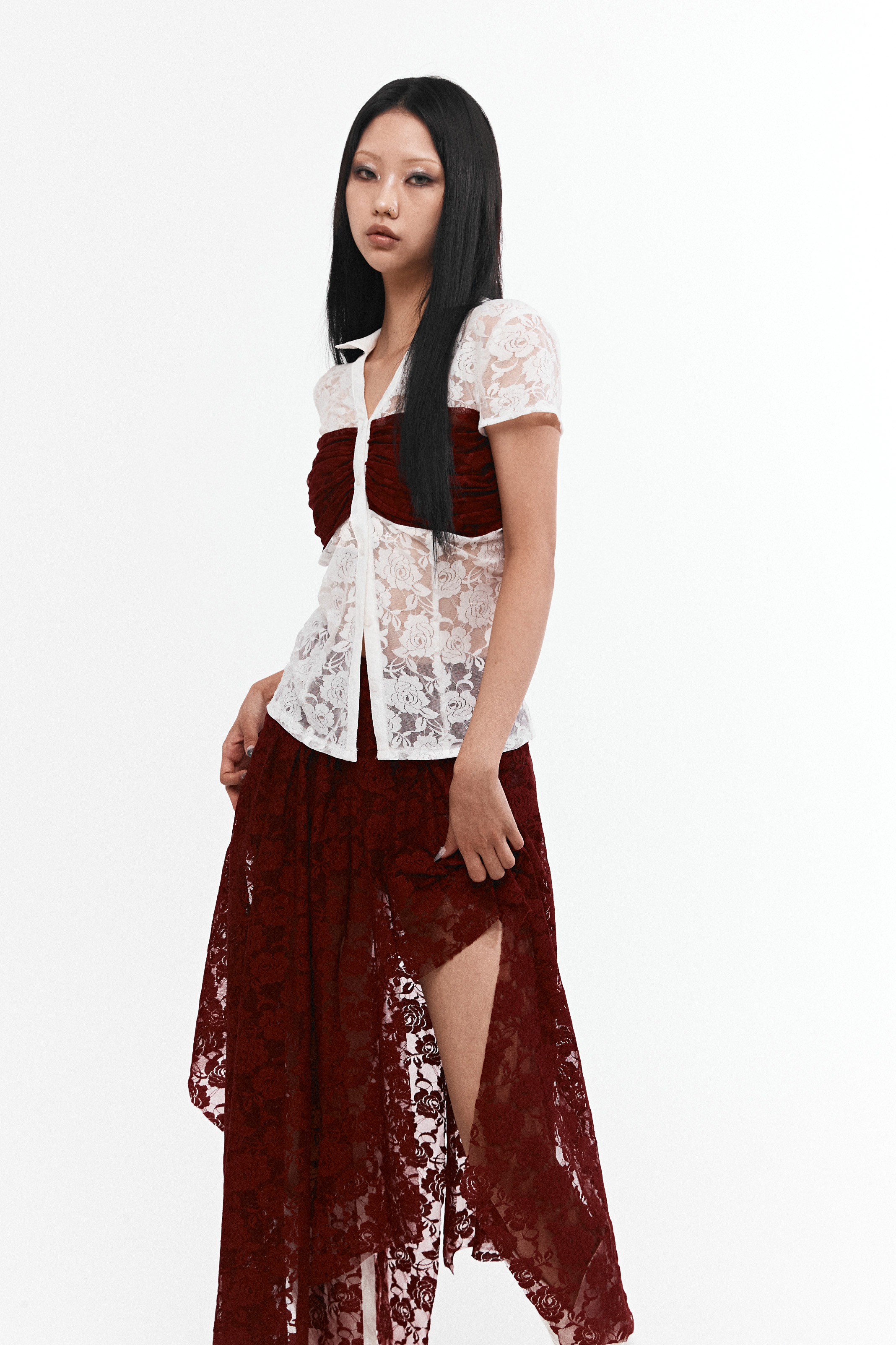 [DARLING YOU ARE BAD] LACE SHIRRING SHIRT #WHITE&RED - DARLING YOU ARE ...