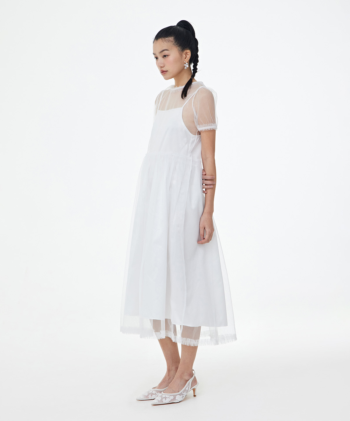 Mesh Layered Puff Dress (white) | fogdawn