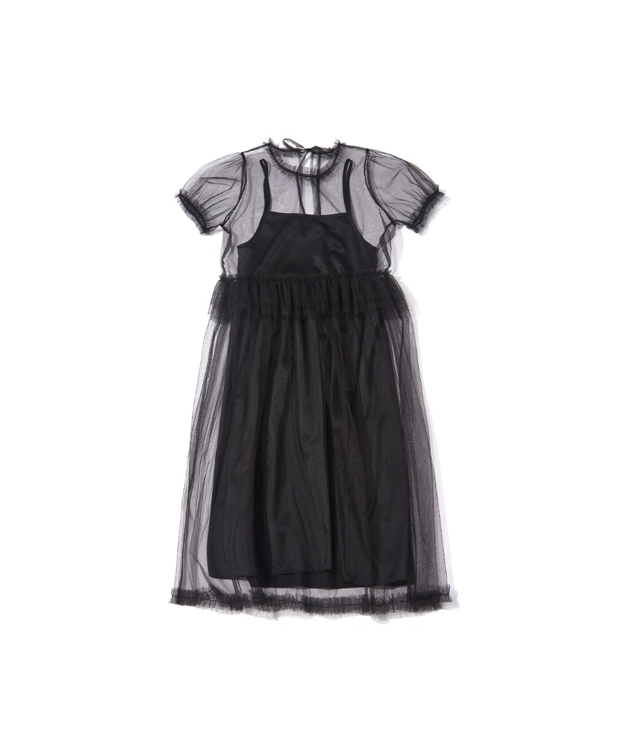 Mesh Layered Puff Dress (black) | fogdawn