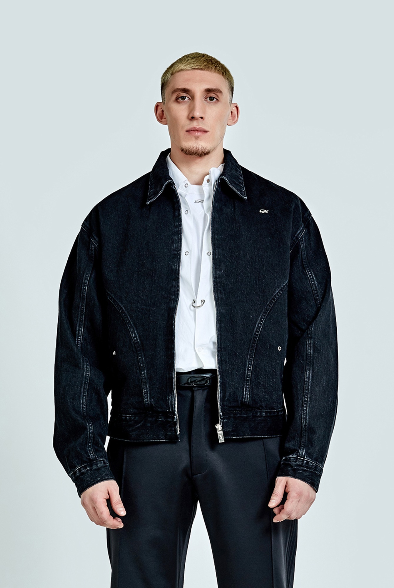 Bulky zipper denim Jacket - Washed black - 51percent