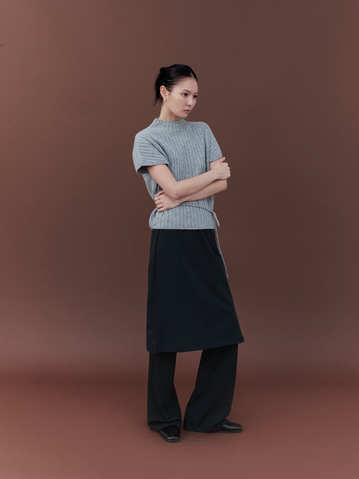 Eline Belted Short Sleeve Knit, Melange Grey | Y E