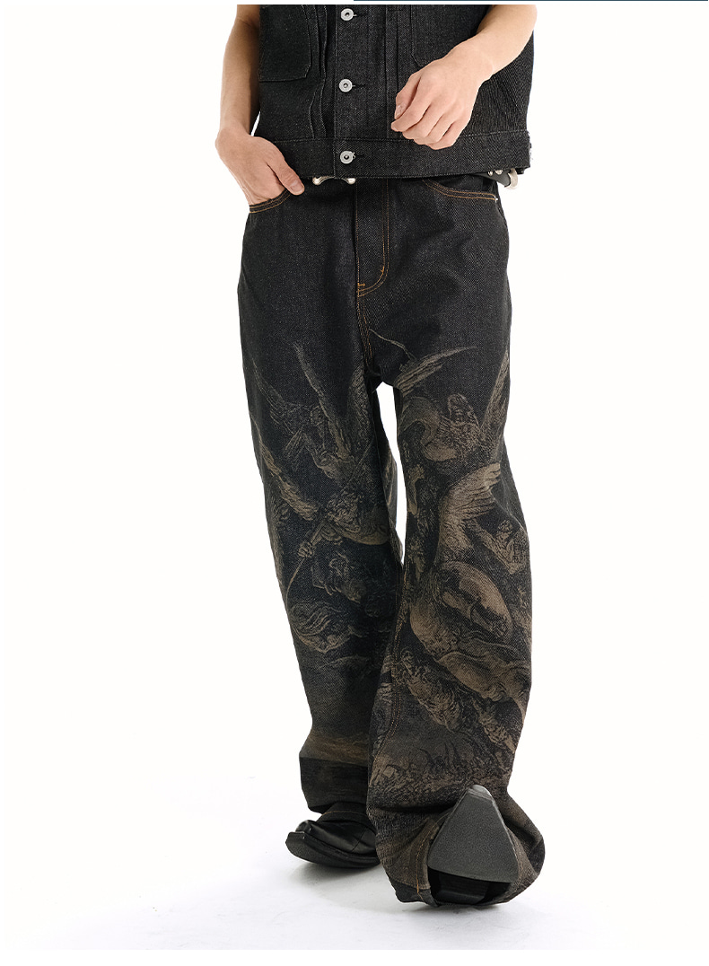 WANNA LAB "Paradise Lost" Laser Burning Exhaust Low Denim Pants | Kirr