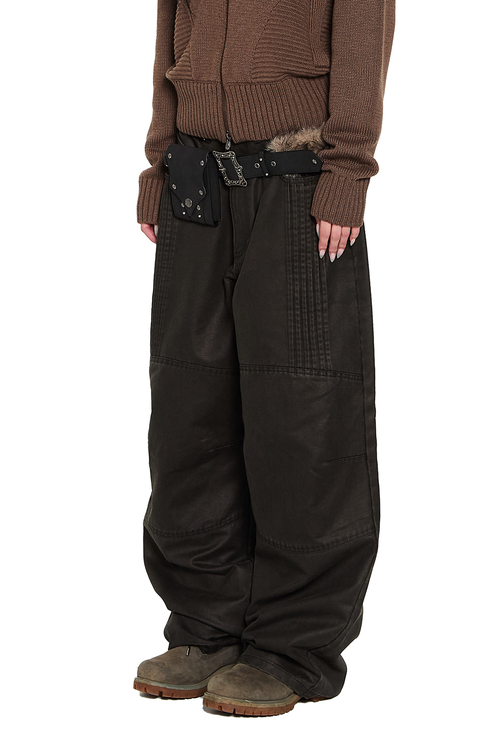 Knee Panel Washed Leather Pants (Black) | AAKAM