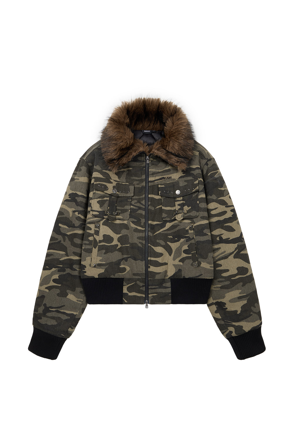 Studded High Neck Fur Jacket (Camo) - AAKAM