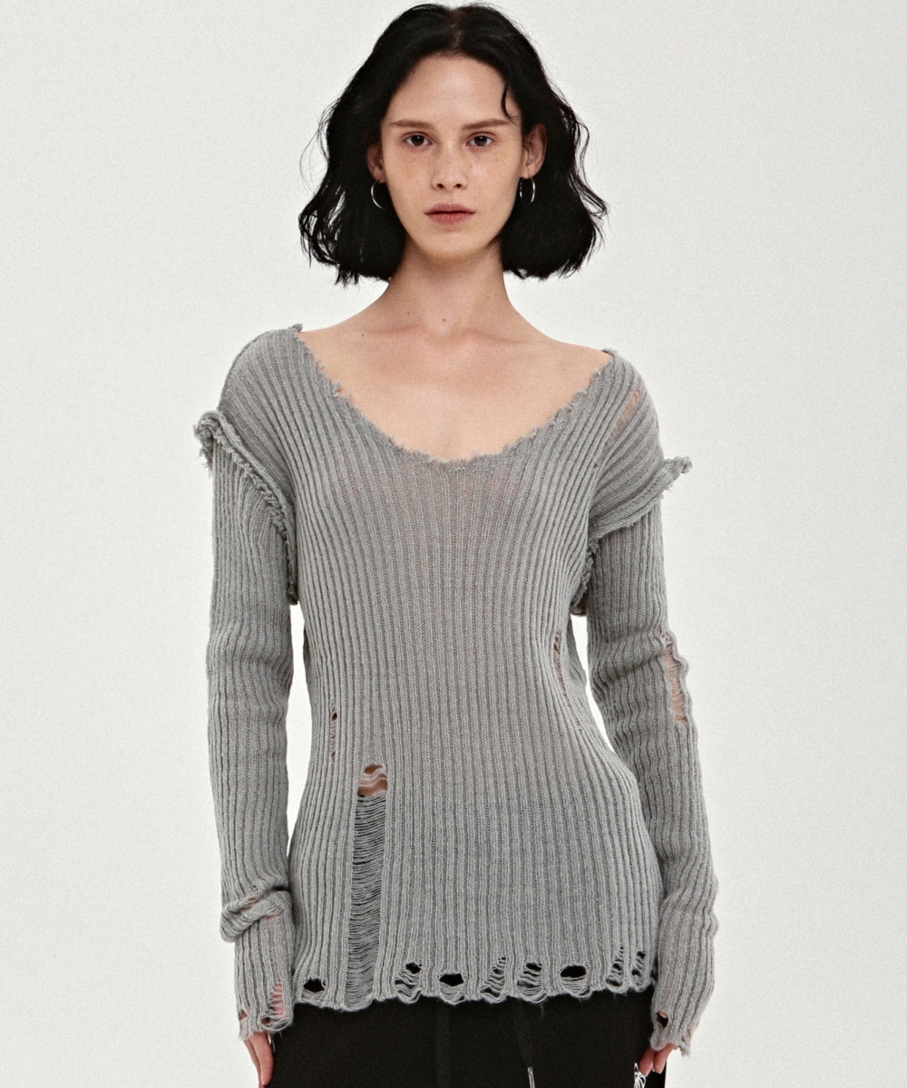 DAMAGE RIBBED QUALITY KNIT_GRAY | 닉앤니콜