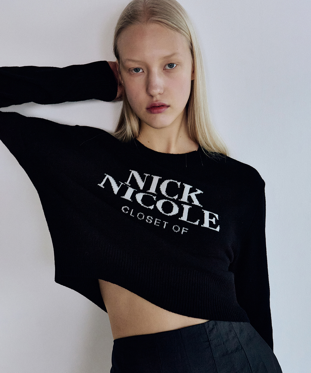 CASHMERE NICOLE LOGO CROP JACQUARD KNIT_NAVY - 닉앤니콜