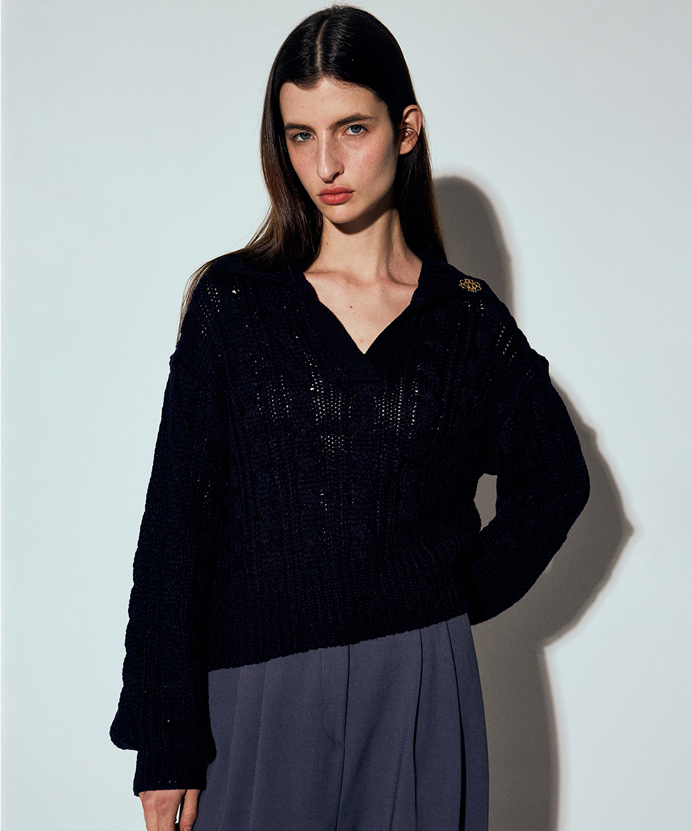 CABLE GOLD LOGO OVERSIZED KNIT_NAVY | 닉앤니콜