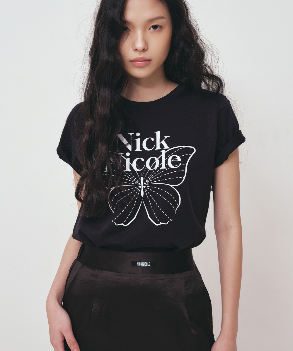 BUTTERFLY NICOLE LABEL SLIM TOP_BLACK WHITE - 닉앤니콜