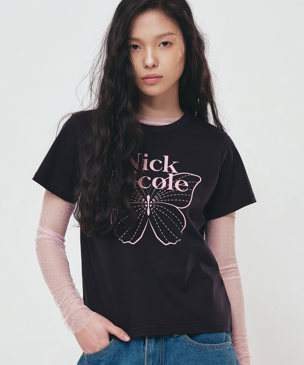 BUTTERFLY NICOLE LABEL SLIM TOP_BLACK PINK - NICKNICOLE