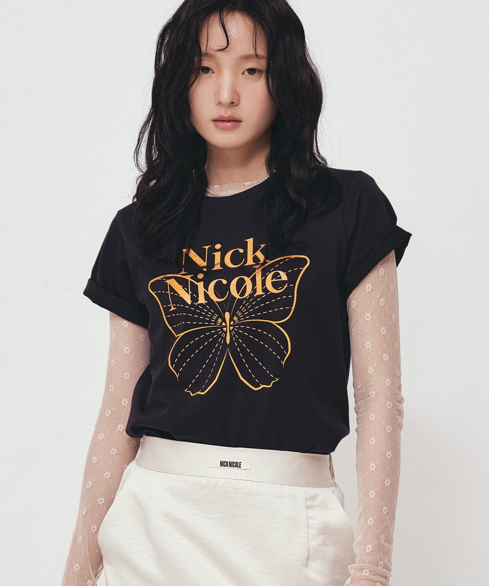 BUTTERFLY NICOLE LABEL SLIM TOP_BLACK ORANGE - 닉앤니콜