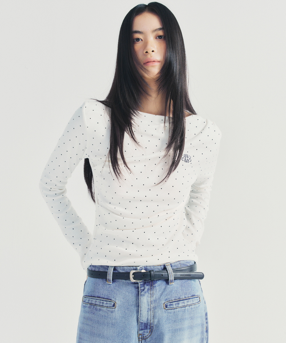 닉앤니콜 | DOT SHIRRING DRAPE BOAT NECK TOP