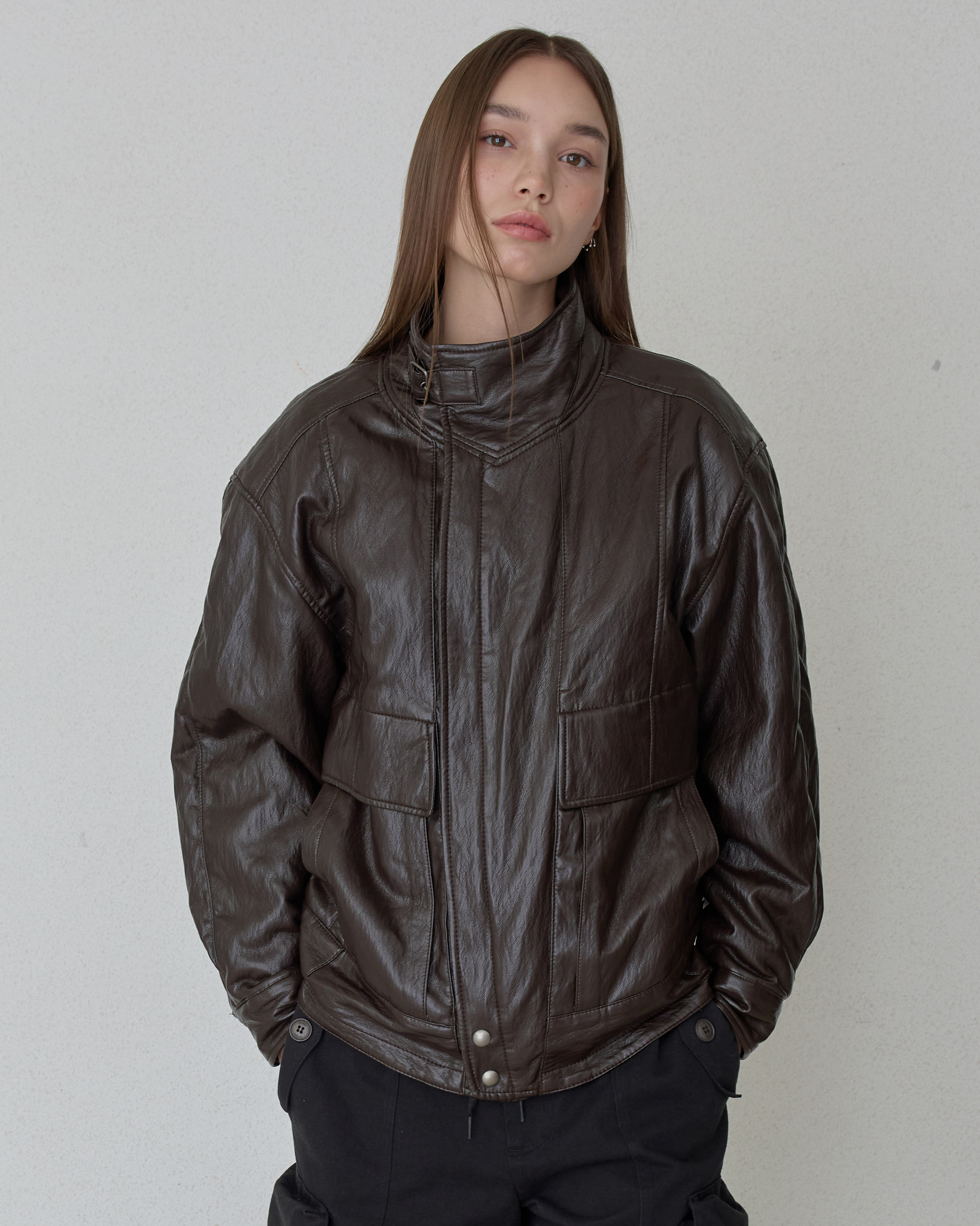 VINTAGE HIGH-NECK LEATHER JACKET - BROWN - 주식회사 오데스(ORDES Inc.)