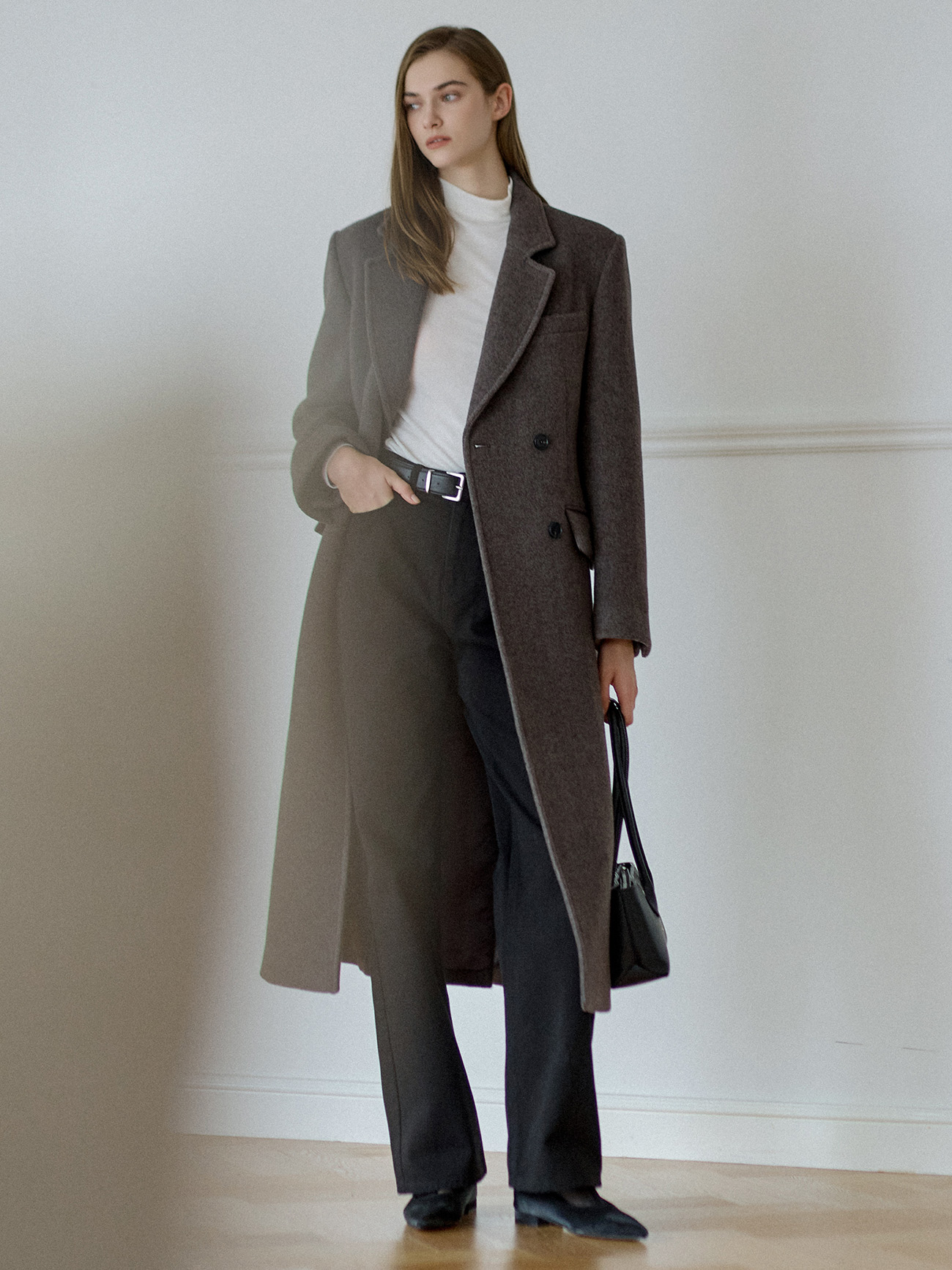 Semi Double Tailored Long Coat Brown AT5COF093BW 세미 더블 테일러드 롱코트 브라운 ...