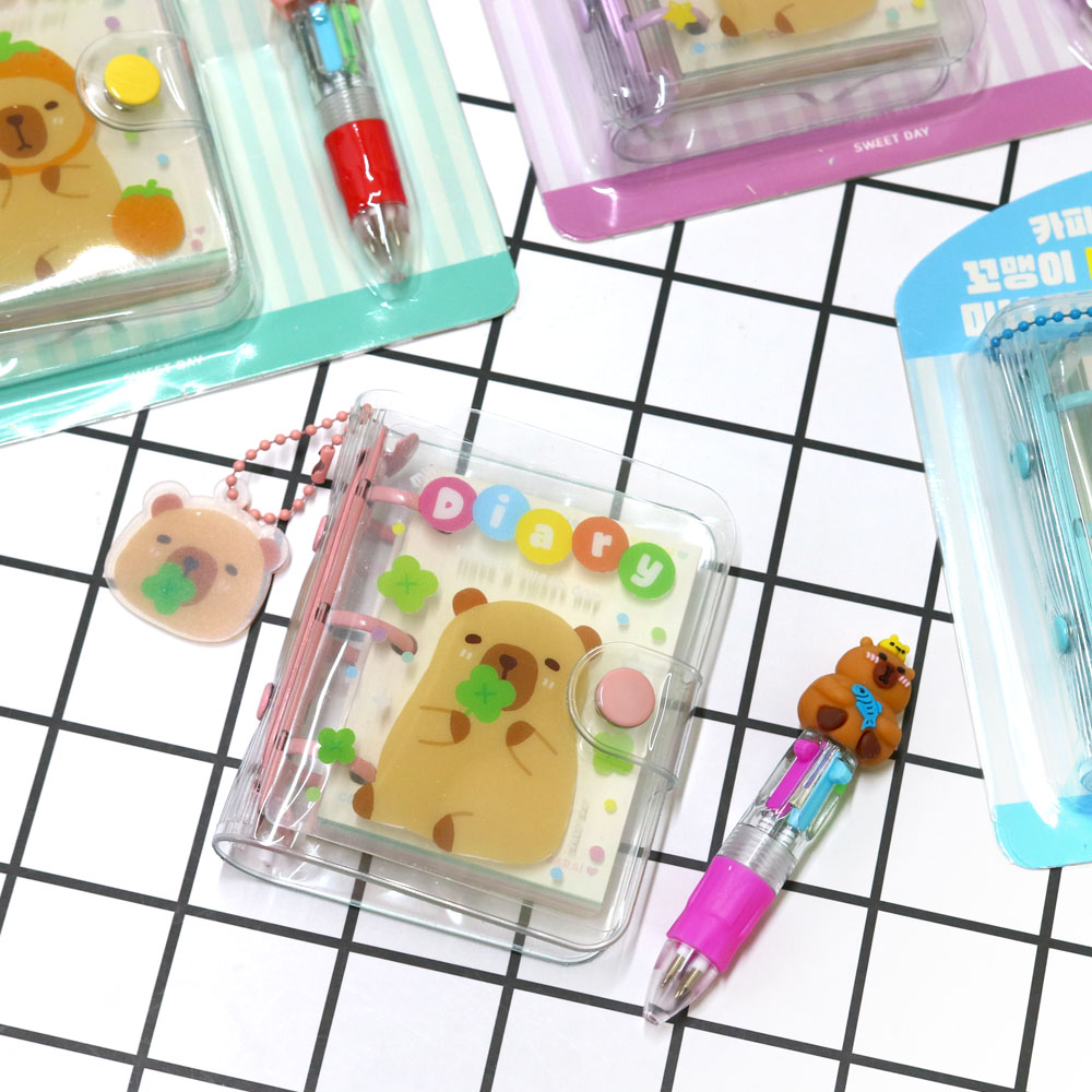 7000 카피바라 꼬맹이 다이어리 & 미니 4색 볼펜 세트 BOX (8개입) - bear9