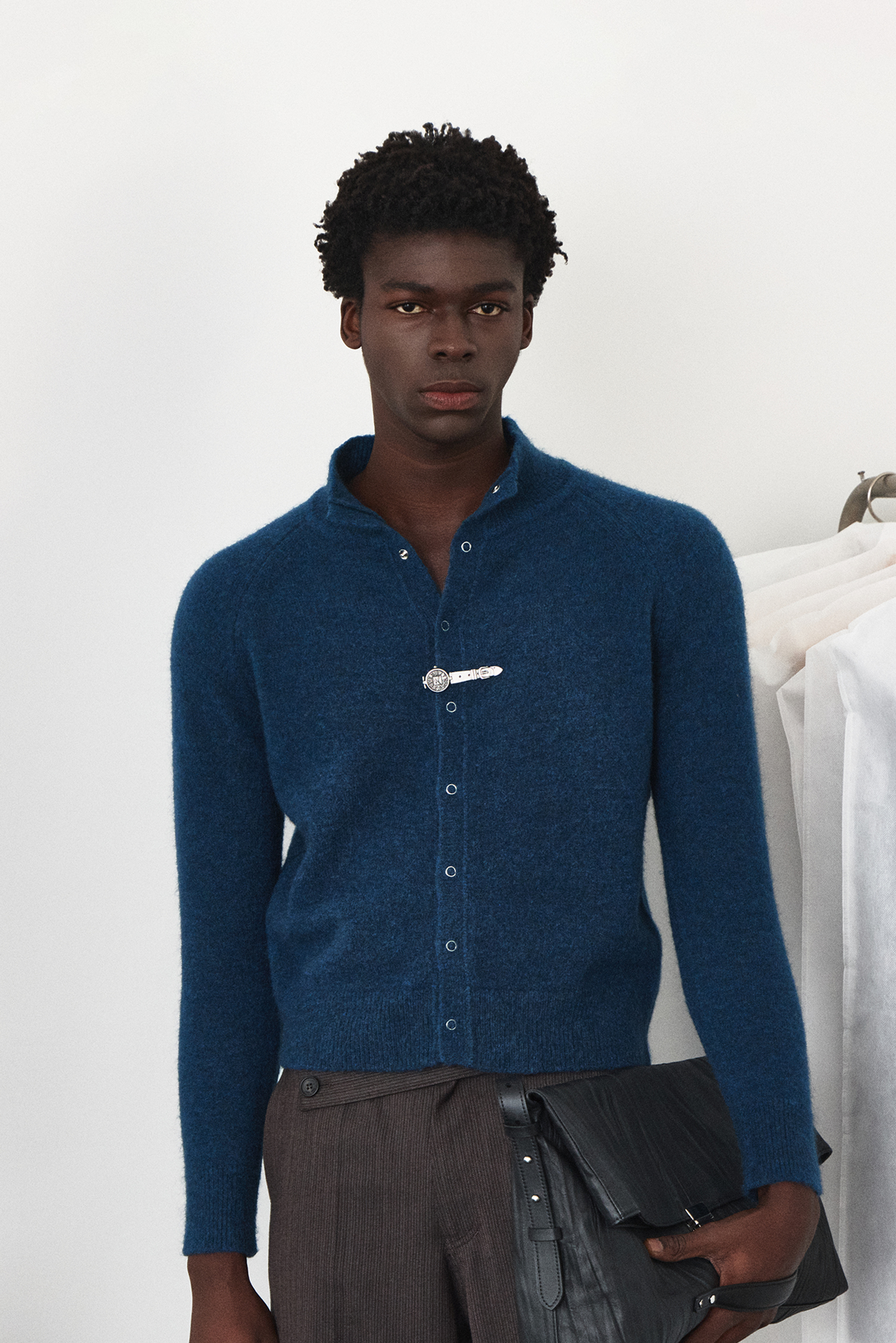 High-Neck Snap Mohair Cardigan - Blue - 웨이비니스