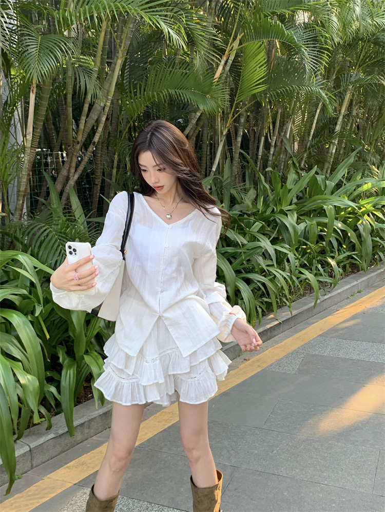 블라우스 스커트 상하 세트 화이트 스트라이프 면 브이넥 로우숄더 벌룬소매 루즈핏 블라우스 And 허리밴딩 하이웨스트 프릴 더블 캉캉 미니 스커트 치마 투피스 셋업