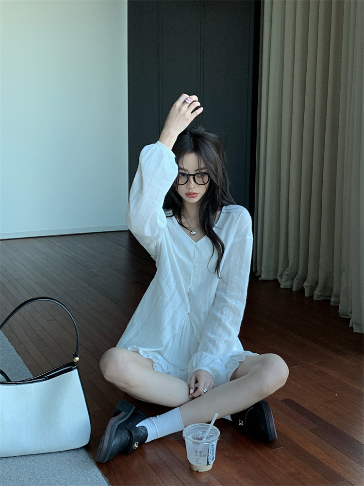 블라우스 스커트 상하 세트 화이트 스트라이프 면 브이넥 로우숄더 벌룬소매 루즈핏 블라우스 And 허리밴딩 하이웨스트 프릴 더블 캉캉 미니 스커트 치마 투피스 셋업