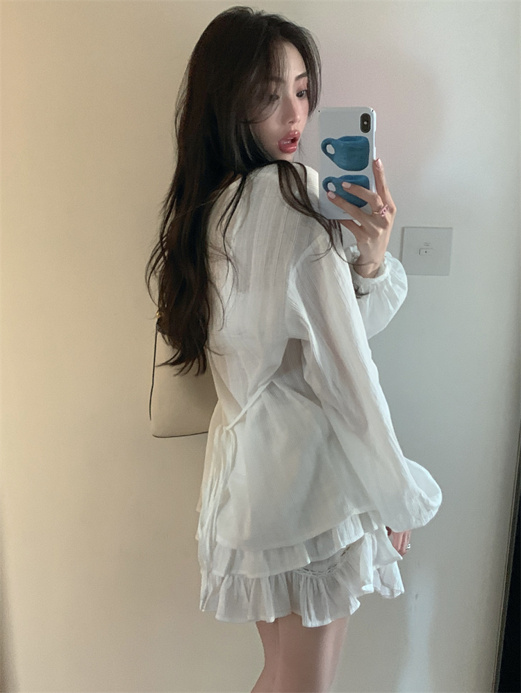 블라우스 스커트 상하 세트 화이트 스트라이프 면 브이넥 로우숄더 벌룬소매 루즈핏 블라우스 And 허리밴딩 하이웨스트 프릴 더블 캉캉 미니 스커트 치마 투피스 셋업