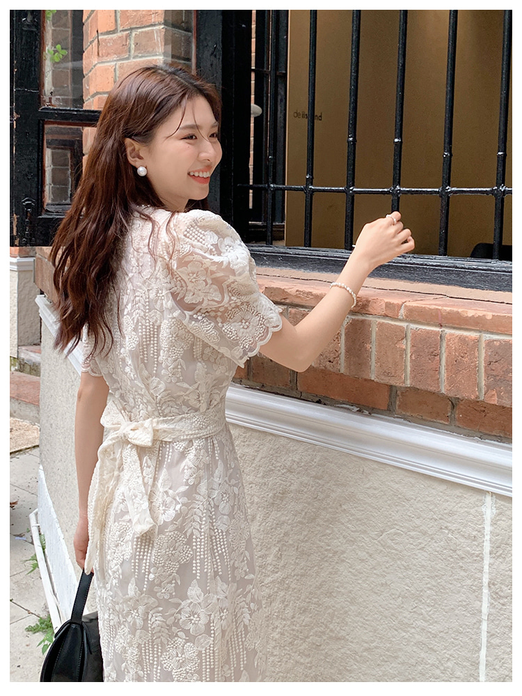 로맨틱 레이스 드레스 라운드넥 벌룬 반팔 반소매 플라워 레이스 자수 하이웨스트 H라인 롱원피스 봄 여름 우아한 분위기있는 고급스러운 여성스러운 여신 스몰웨딩 스냅사진