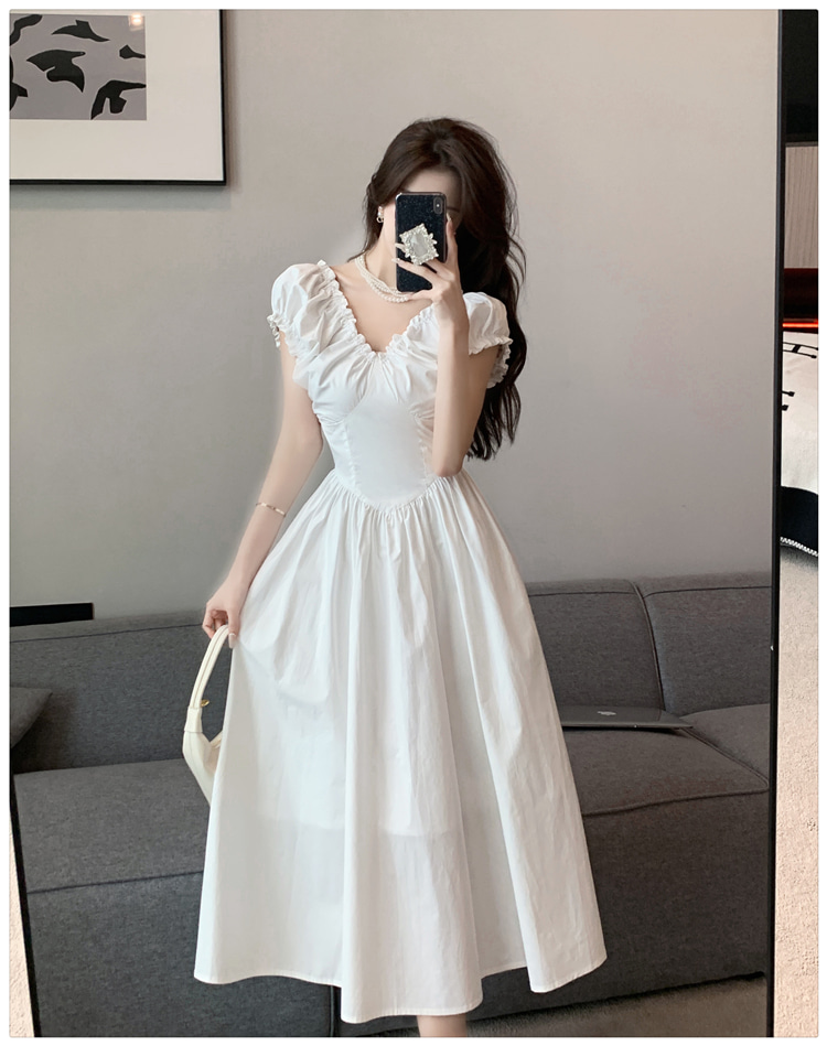 포앤바이앤 로맨틱 롱원피스 투웨이 브이넥 밴딩 셔링 허리잘록 백오픈 플레어 A라인 롱원피스 여름 공주 여신 퓨어 화이트 블랙 바스락 브라이덜샤워 셀프 스몰 웨딩 스냅