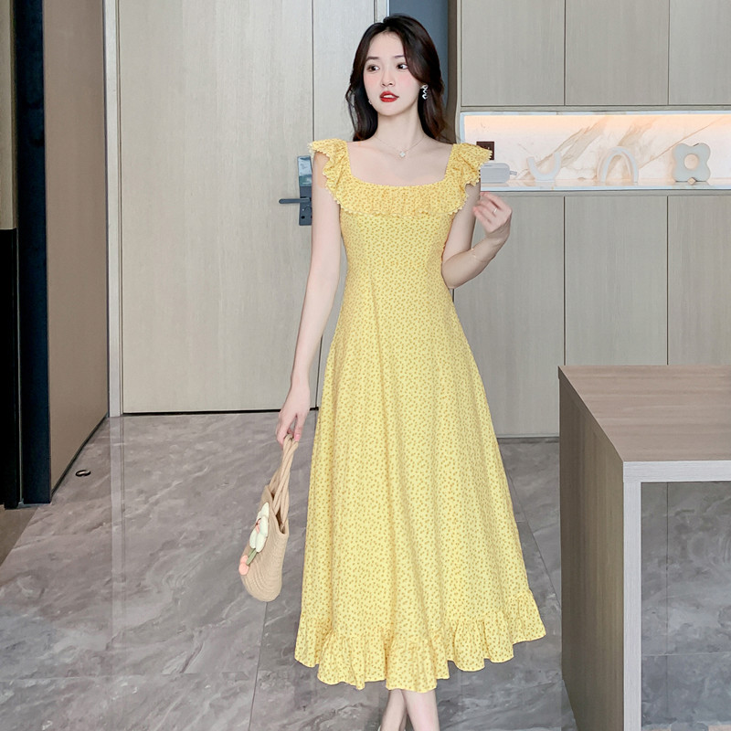 샤랄라 옐로우 원피스 스퀘어카라 끈나시 민소매 슬리브리스 프릴 스림핏 허리잘록 플라워 A라인 롱원피스 잔꽃무늬 러블리 사랑스러운 발랄한 신혼 해외 동남아 여행룩 휴가