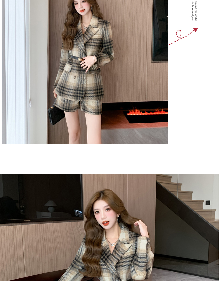 체크무늬 자켓 반바지 투피스 테일러 카라 격자무늬 더블버튼 앞포켓 허리벨트 하프 롱 모직 자켓 And 하이웨스트 세미a라인 3부 숏팬츠 세트 가을 겨울 단정한 셋업 정장