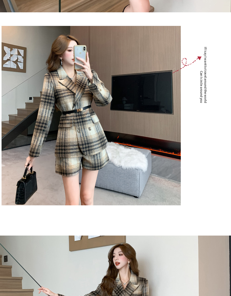 체크무늬 자켓 반바지 투피스 테일러 카라 격자무늬 더블버튼 앞포켓 허리벨트 하프 롱 모직 자켓 And 하이웨스트 세미a라인 3부 숏팬츠 세트 가을 겨울 단정한 셋업 정장