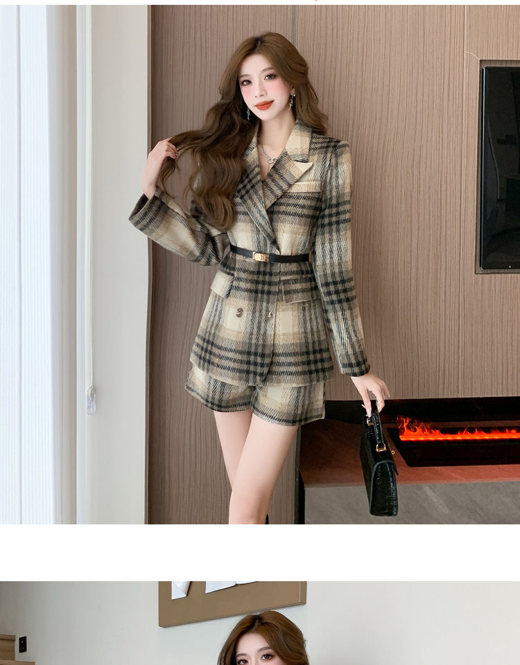 체크무늬 자켓 반바지 투피스 테일러 카라 격자무늬 더블버튼 앞포켓 허리벨트 하프 롱 모직 자켓 And 하이웨스트 세미a라인 3부 숏팬츠 세트 가을 겨울 단정한 셋업 정장