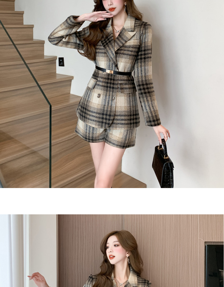 체크무늬 자켓 반바지 투피스 테일러 카라 격자무늬 더블버튼 앞포켓 허리벨트 하프 롱 모직 자켓 And 하이웨스트 세미a라인 3부 숏팬츠 세트 가을 겨울 단정한 셋업 정장