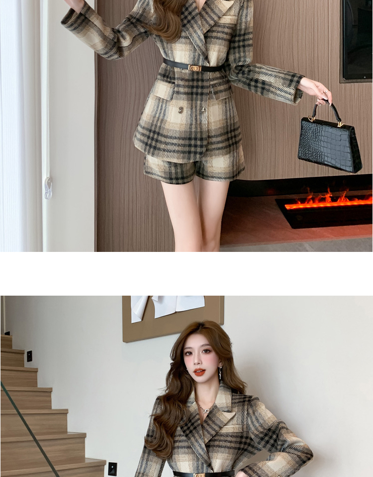 체크무늬 자켓 반바지 투피스 테일러 카라 격자무늬 더블버튼 앞포켓 허리벨트 하프 롱 모직 자켓 And 하이웨스트 세미a라인 3부 숏팬츠 세트 가을 겨울 단정한 셋업 정장