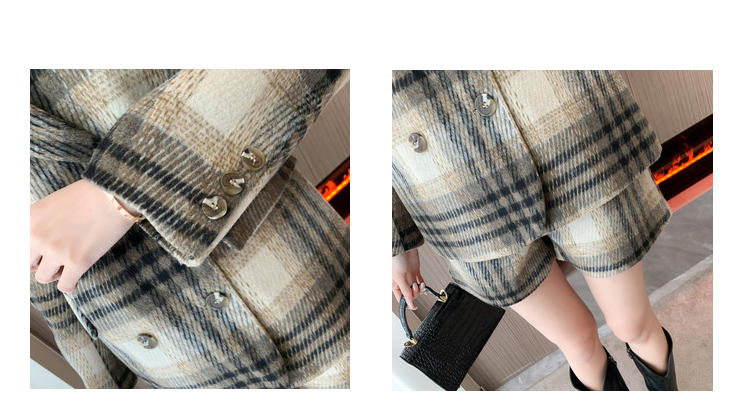 체크무늬 자켓 반바지 투피스 테일러 카라 격자무늬 더블버튼 앞포켓 허리벨트 하프 롱 모직 자켓 And 하이웨스트 세미a라인 3부 숏팬츠 세트 가을 겨울 단정한 셋업 정장