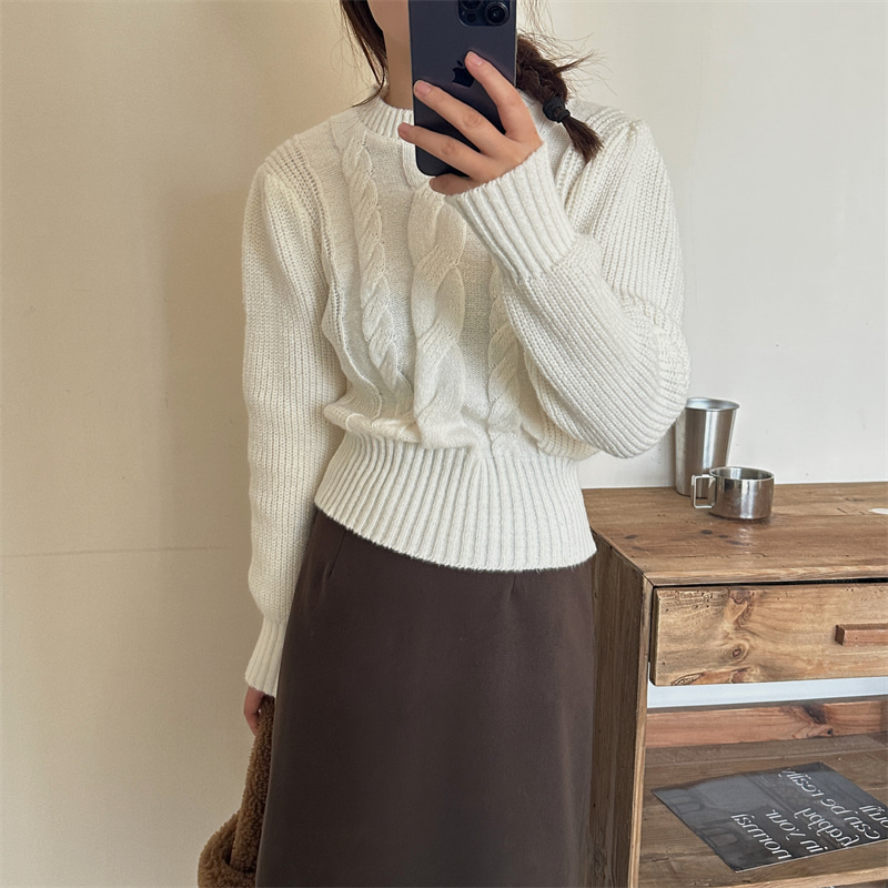 복고풍 꽈배기 니트탑 라운드넥 퍼프 벌룬 긴소매 하찌 케이블 트위스트 허리시보리 숏 크롭 니트티 겨울 레트로 베이직 기본 심플 풀오버 스웨터 매일입기좋은 데일리룩