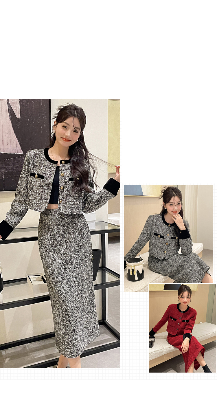 트위드 자켓 스커트 세트 라운드넥 배색라인 금장 골든버튼 일자핏 숏 크롭 자켓 And 하이웨스트 일자 H라인 멜란지 뒷트임 롱스커트 치마 투피스 가을 겨울 단정한 우아한