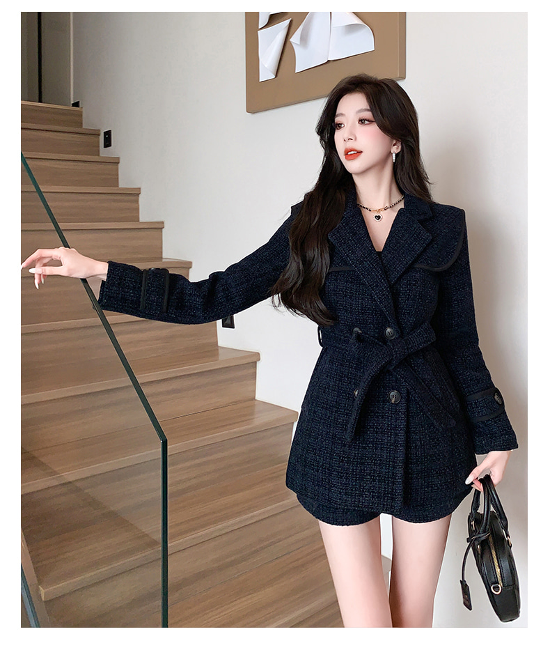 트위드 자켓 반바지 상하세트 테일러드 카라 더블버튼 슬리밍 허리리본 벨트 퀼팅 하프자켓 And 하이웨스트 베이직 트위드 숏 팬트