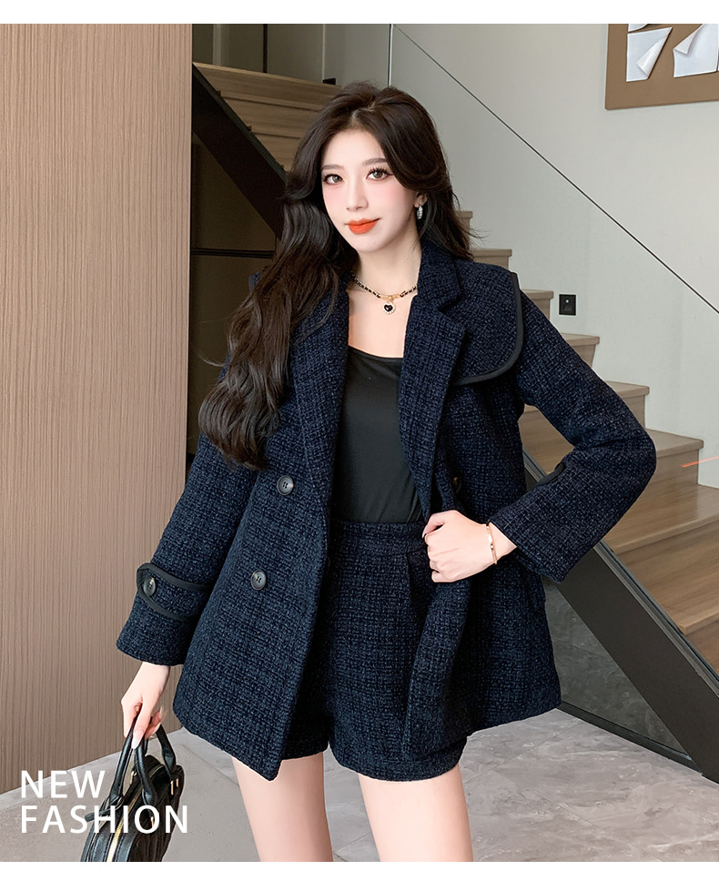 트위드 자켓 반바지 상하세트 테일러드 카라 더블버튼 슬리밍 허리리본 벨트 퀼팅 하프자켓 And 하이웨스트 베이직 트위드 숏 팬트