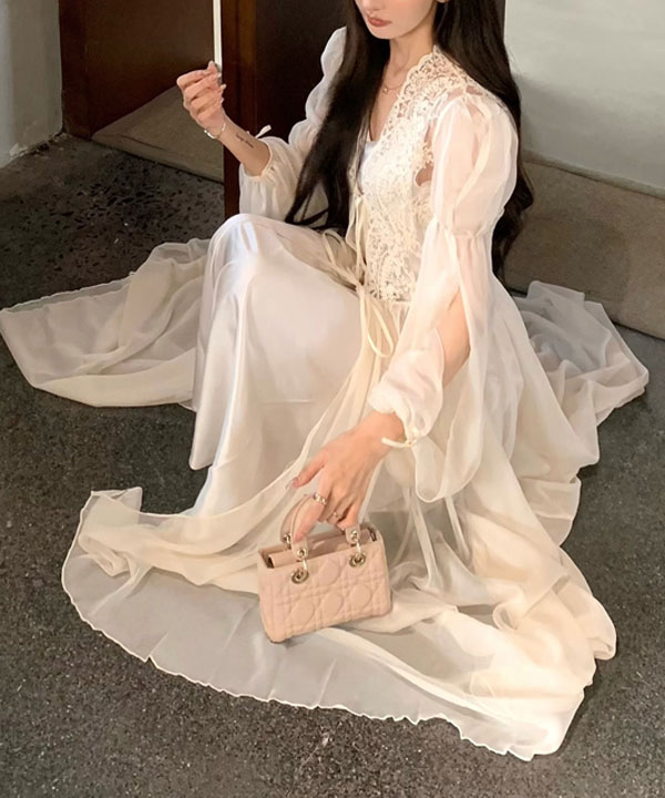 이너 슬립 포함 여신 레이스 쉬폰 드레스 브이넥 리본 퍼프 벌룬 긴팔 시스루 하이웨스트 셔링 A라인 플레어 롱원피스 샤랄라