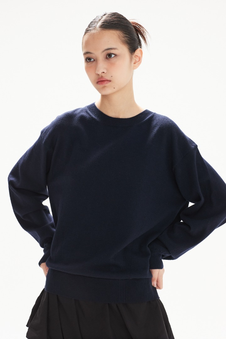 Wool cotton round neck pullover (NAVY) - RANGE