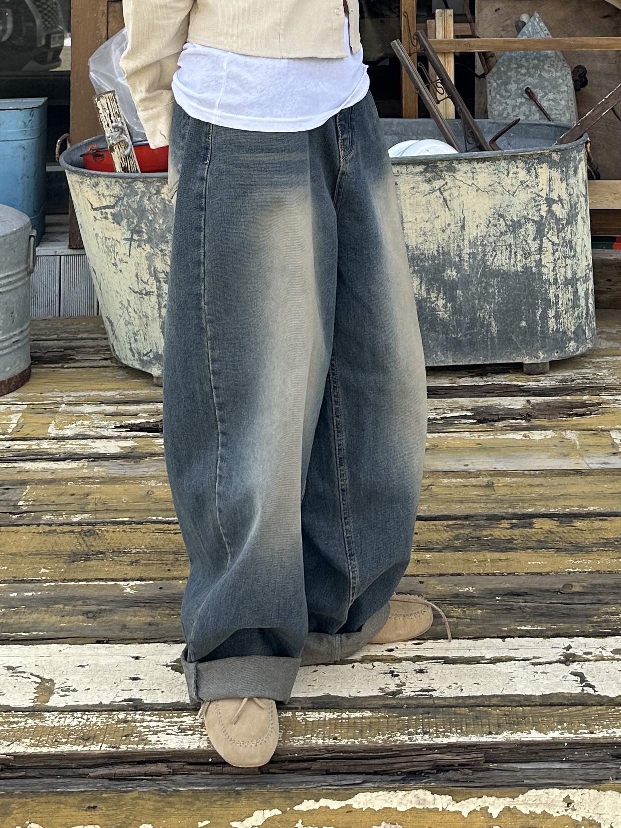 신시 SHINSISM Sand wide denim pants / 샌드 와이드 데님 팬츠 빈티지 워싱 루즈핏 청바지 - 위시버킷