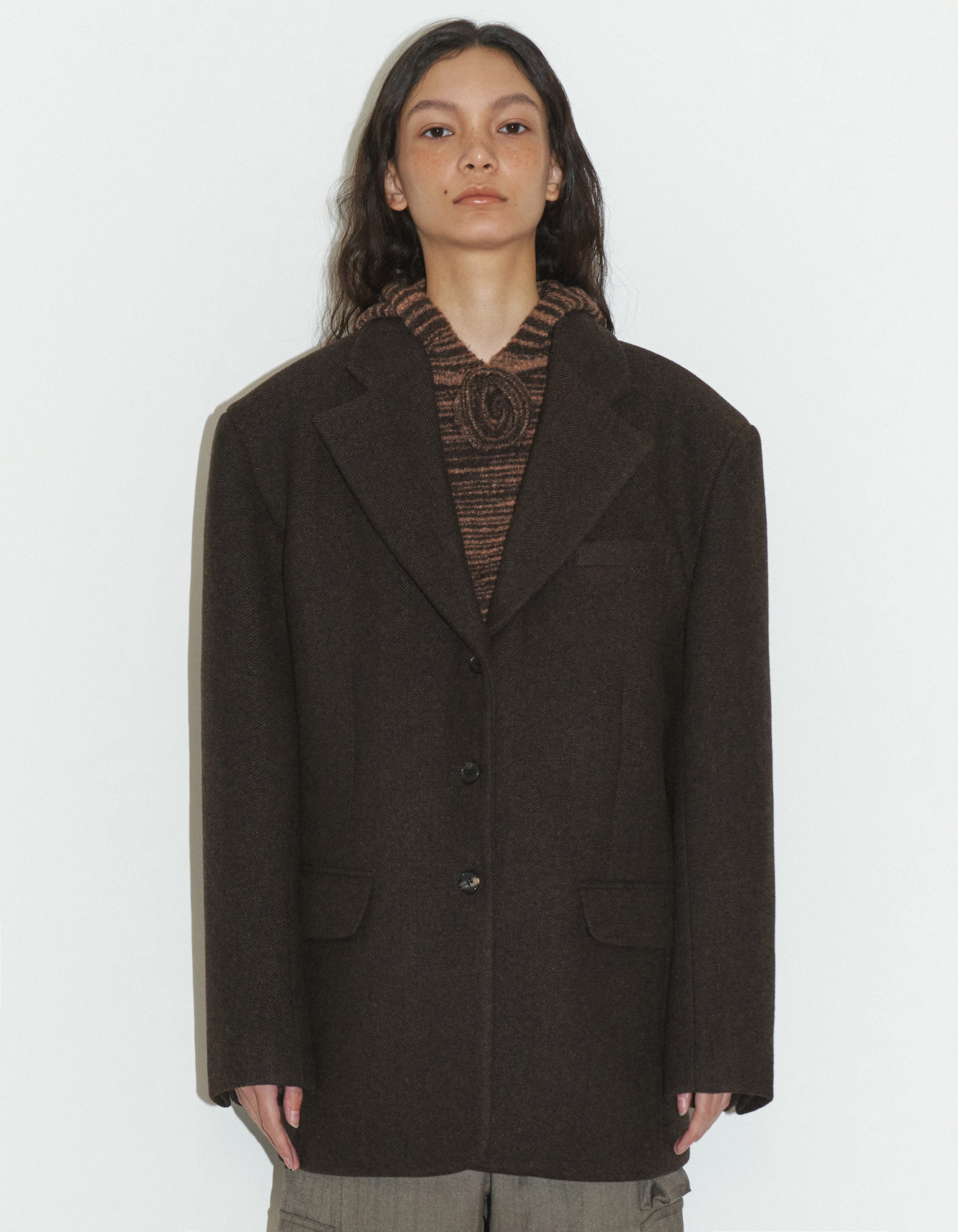 WOOL HERRINGBONE HALF COAT, BROWN | polysooem