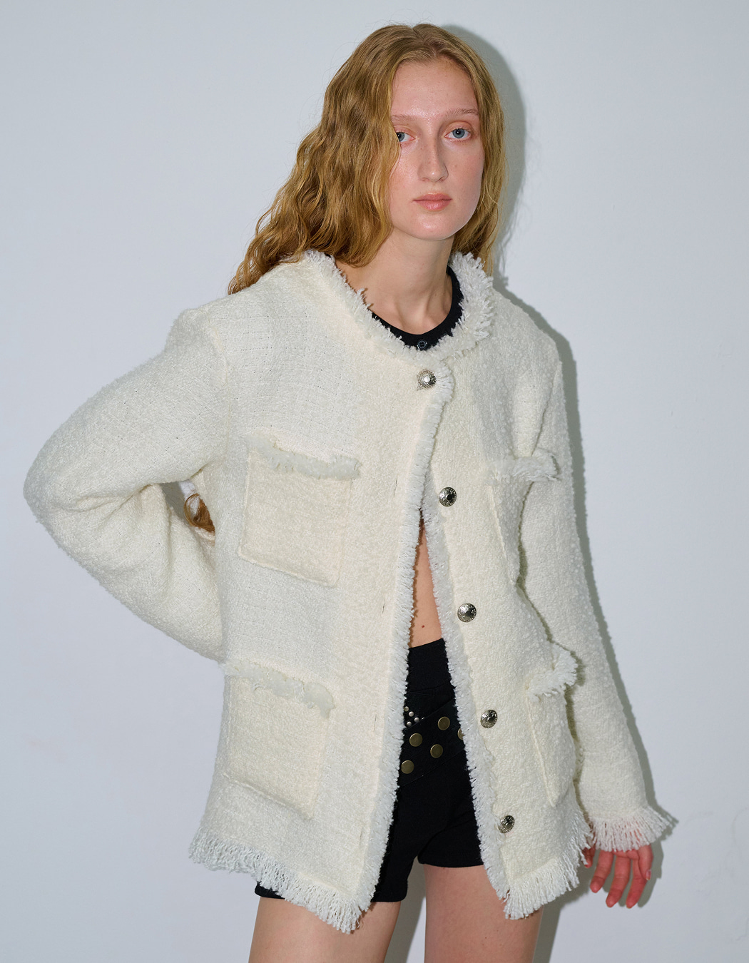 WOOL OVERSIZED FRINGE TWEED JACKET, IVORY | polysooem