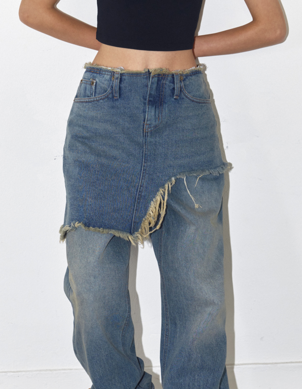 LAYERED SKIRT WITH FRAYED JEANS, DENIM BLUE - polysooem