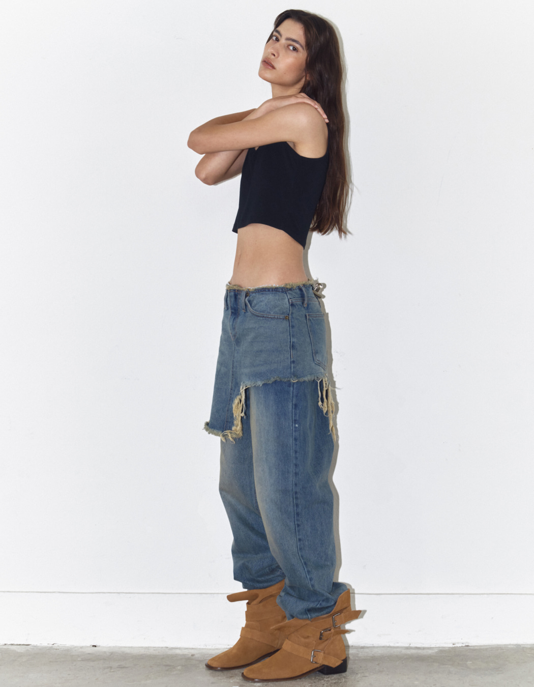 LAYERED SKIRT WITH FRAYED JEANS, DENIM BLUE - polysooem