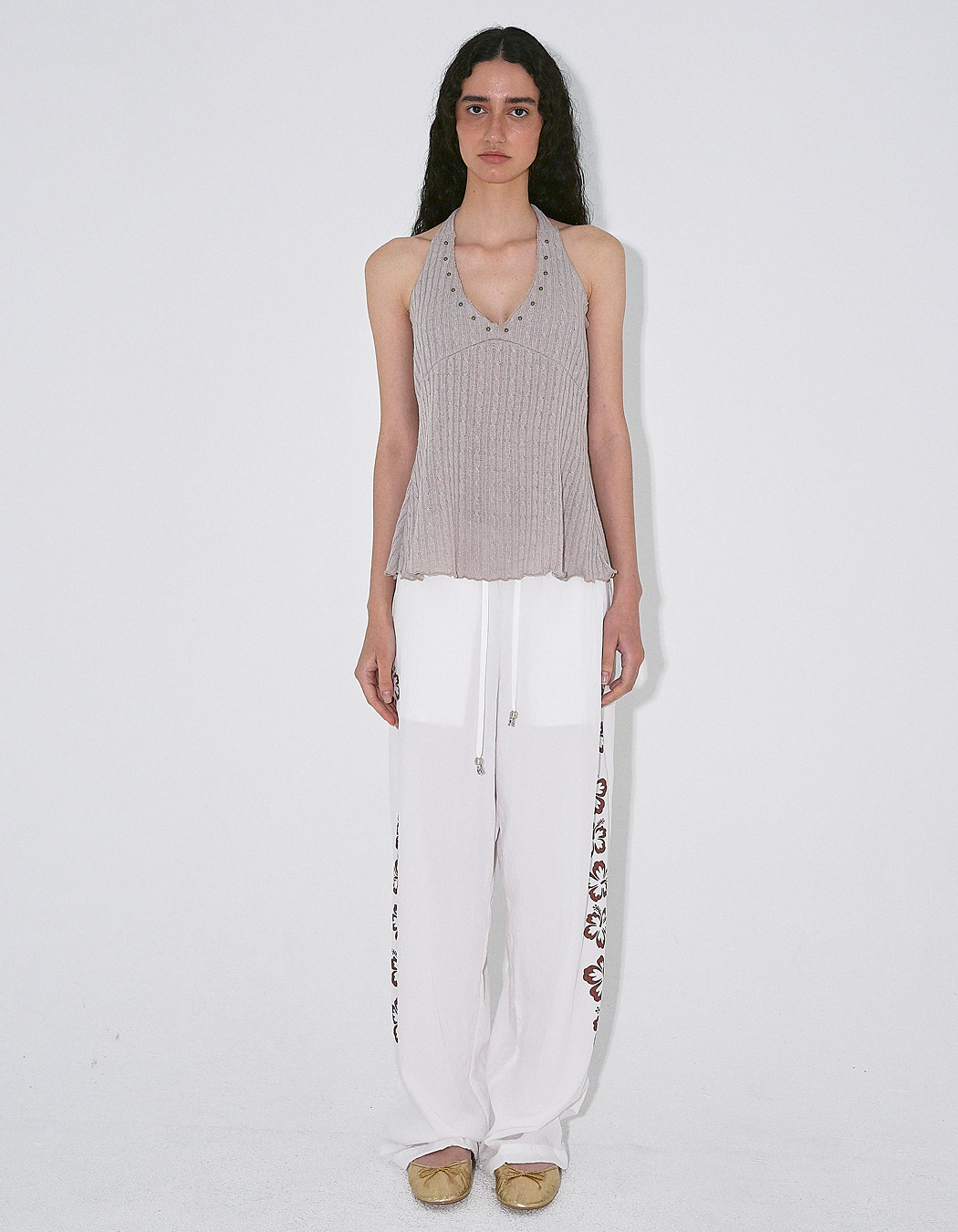 9/5 발송 STUDDED CABLE HALTER TOP, BEIGE - polysooem