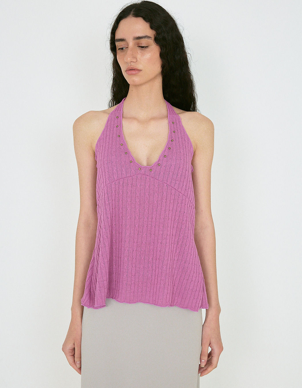 STUDDED CABLE HALTER TOP, PURPLE PINK | polysooem