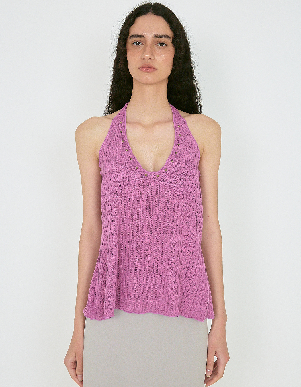 STUDDED CABLE HALTER TOP, PURPLE PINK | polysooem