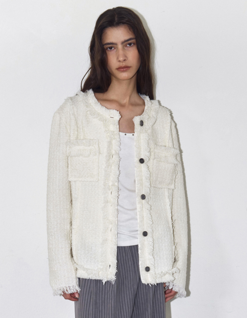 FRINGED TWEED JACKET, IVORY | polysooem