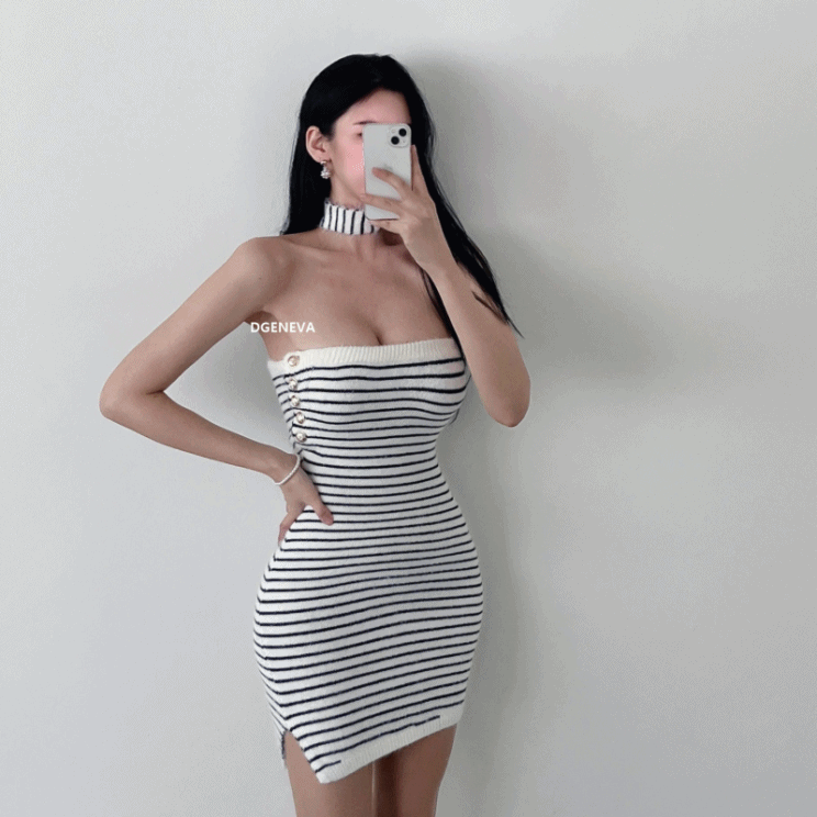 당일/ 초커set 앙고라 니트 단가라 튜브탑 트임 OPS 금장 버튼 쫀쫀 허리쏙 왕골반 들뜸제로 섹시룩 글램룩 파티룩 이벤트 신축성 데이트룩 방송 겨울 미니 원피스 ...