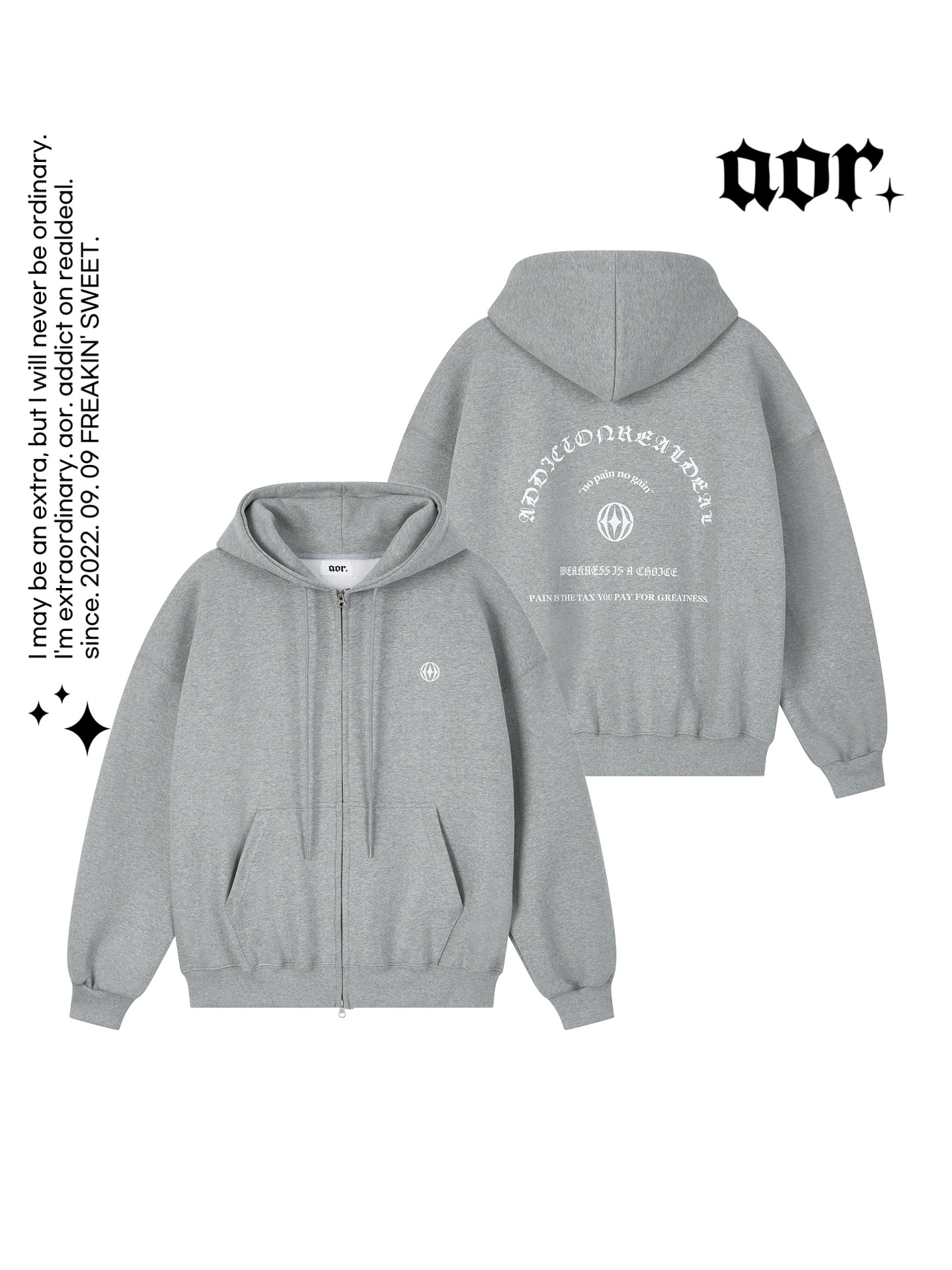 aor. SYMBOL LOGO OVER HEAVY HOOD ZIP UP GRAY-WHITE - 에이오알닷