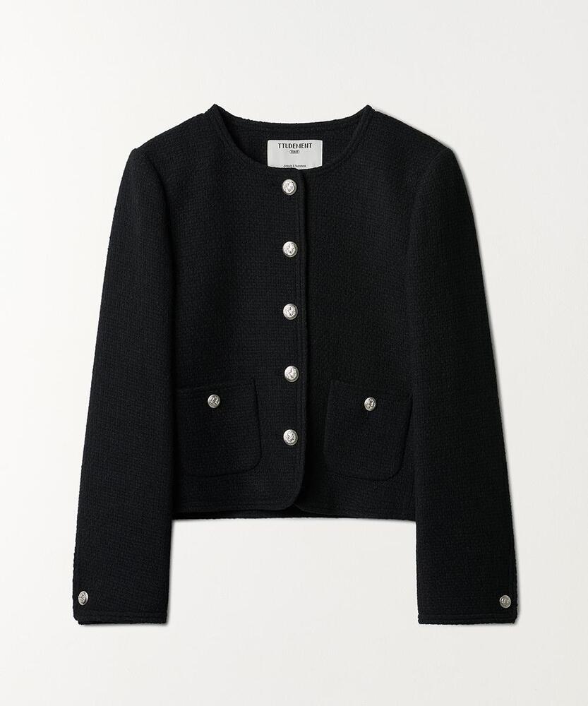 COLLARLESS TWEED JACKET BLACK - TTUDEMENT